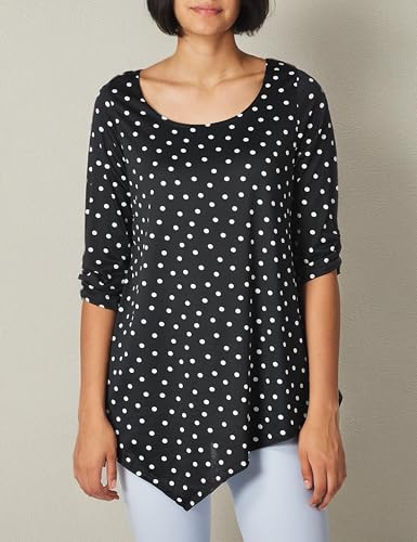 Star Vixen Women's Plus-Size Hanky Hem Top, Elbow Sleeve with Cinch Detail, Black/White dot, 3X