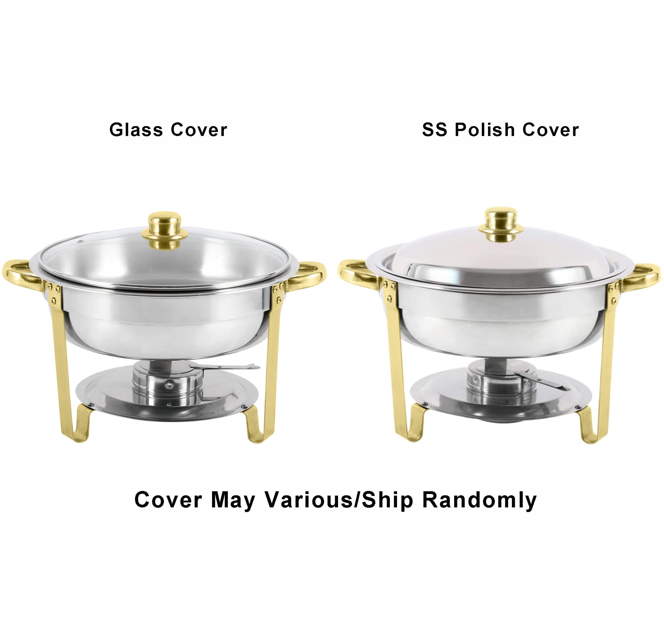 Restlrious Chafing Dish Buffet Set Round Stainless Steel 5QT Chafers and Buffet Warmers Sets for Catering, Complete Chafing Set with Water Pan, Food Pan, Fuel Holder and Lid in Gold Accents, 1 Pack