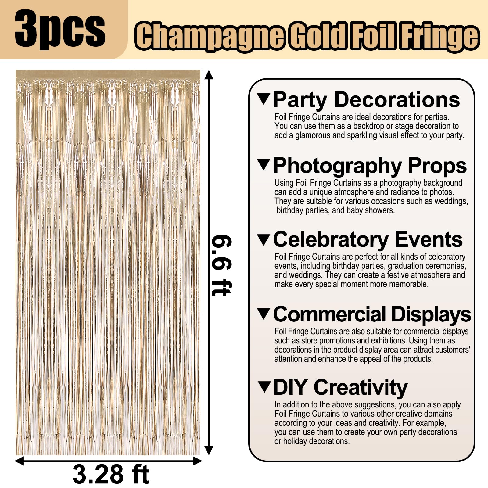 3 Pack new Champagne Gold Foil Fringe Curtain Backdrop, 3.28Ft x 6.6Ft Metallic Tinsel Foil Fringe Streamer Curtains for Photo Booth, Valentine's Day, Wedding, Birthday, New Year Party Decorations