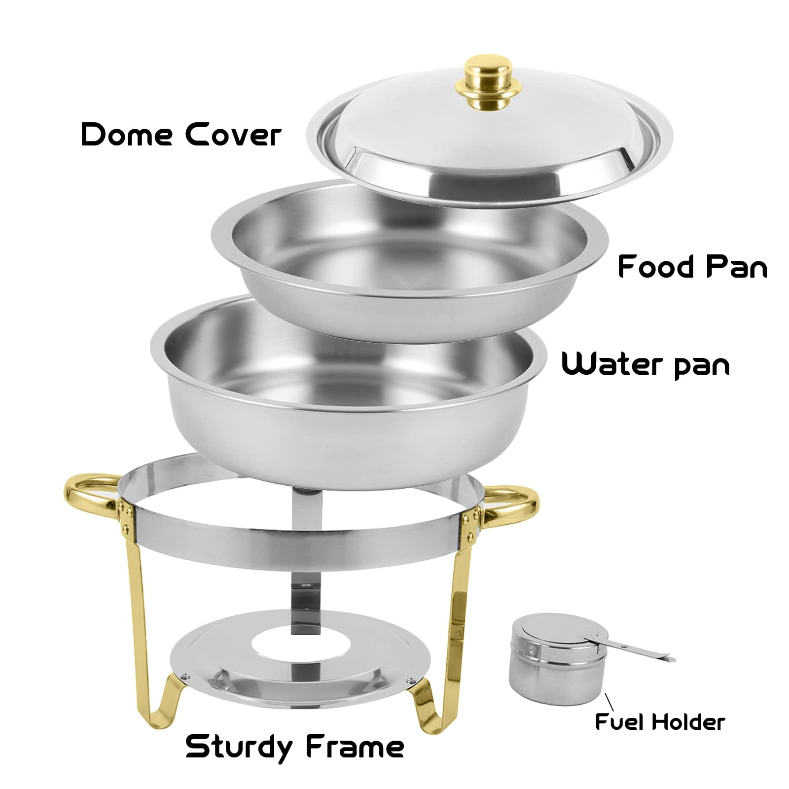 Restlrious Chafing Dish Buffet Set Round Stainless Steel 5QT Chafers and Buffet Warmers Sets for Catering, Complete Chafing Set with Water Pan, Food Pan, Fuel Holder and Lid in Gold Accents, 1 Pack