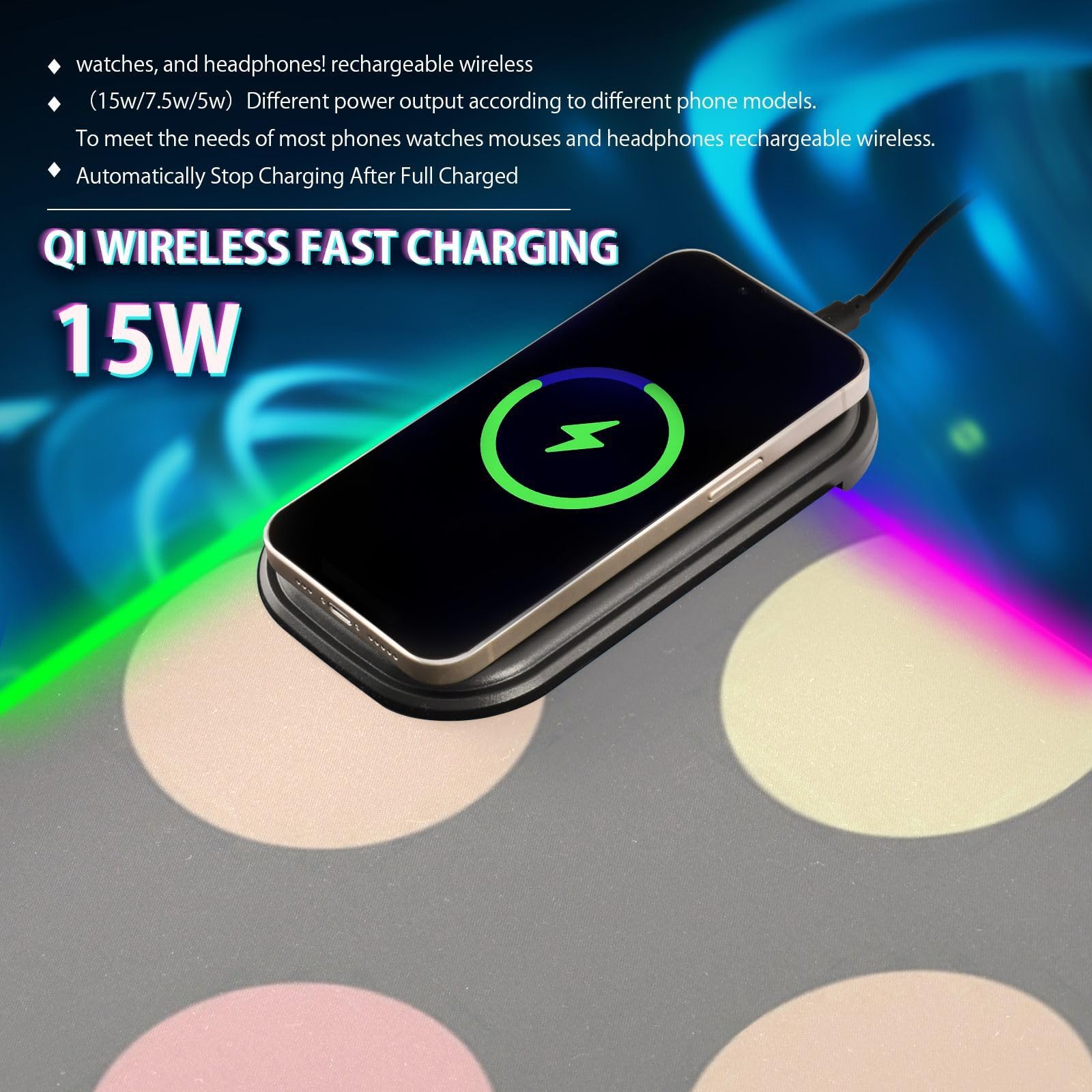 Polka Dot Wireless Charging Mouse Pad for Mobile Phone Extra Large Gaming Mousepad with 13 Lighting Modes Keyboard Mat for Office Home Gaming MacBook PC Laptop Desk