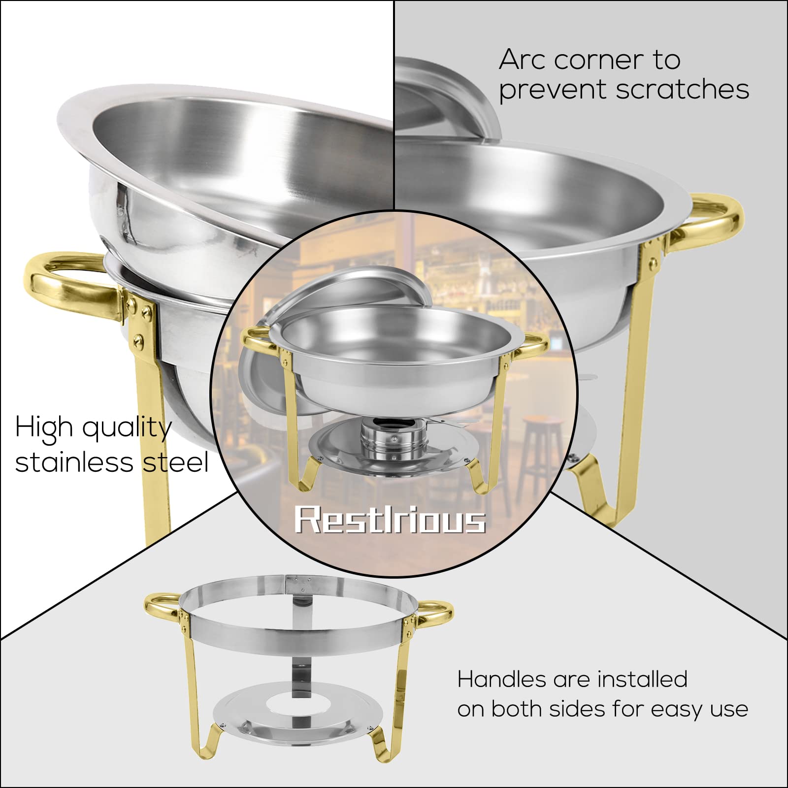 Restlrious Chafing Dish Buffet Set Round Stainless Steel 5QT Chafers and Buffet Warmers Sets for Catering, Complete Chafing Set with Water Pan, Food Pan, Fuel Holder and Lid in Gold Accents, 1 Pack