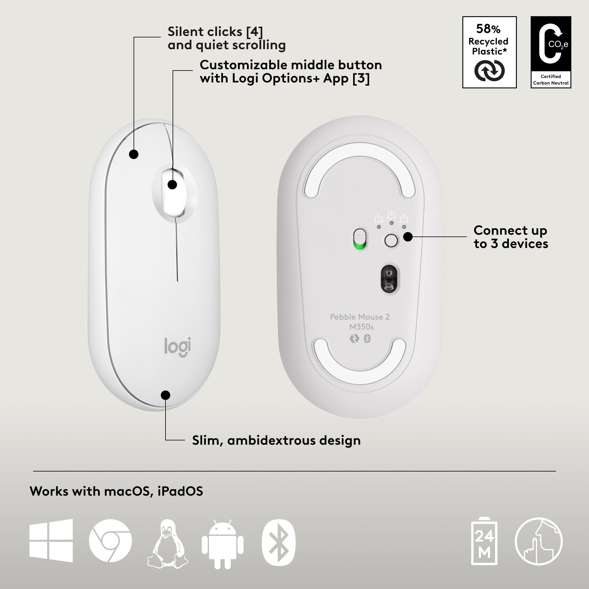 Logitech Pebble 2 Combo for Mac, Wireless Keyboard and Mouse, Slim, Quiet and Portable, Customizable, Bluetooth Mouse and Keyboard, Easy-Switch, for macOS, iPadOS - Tonal White