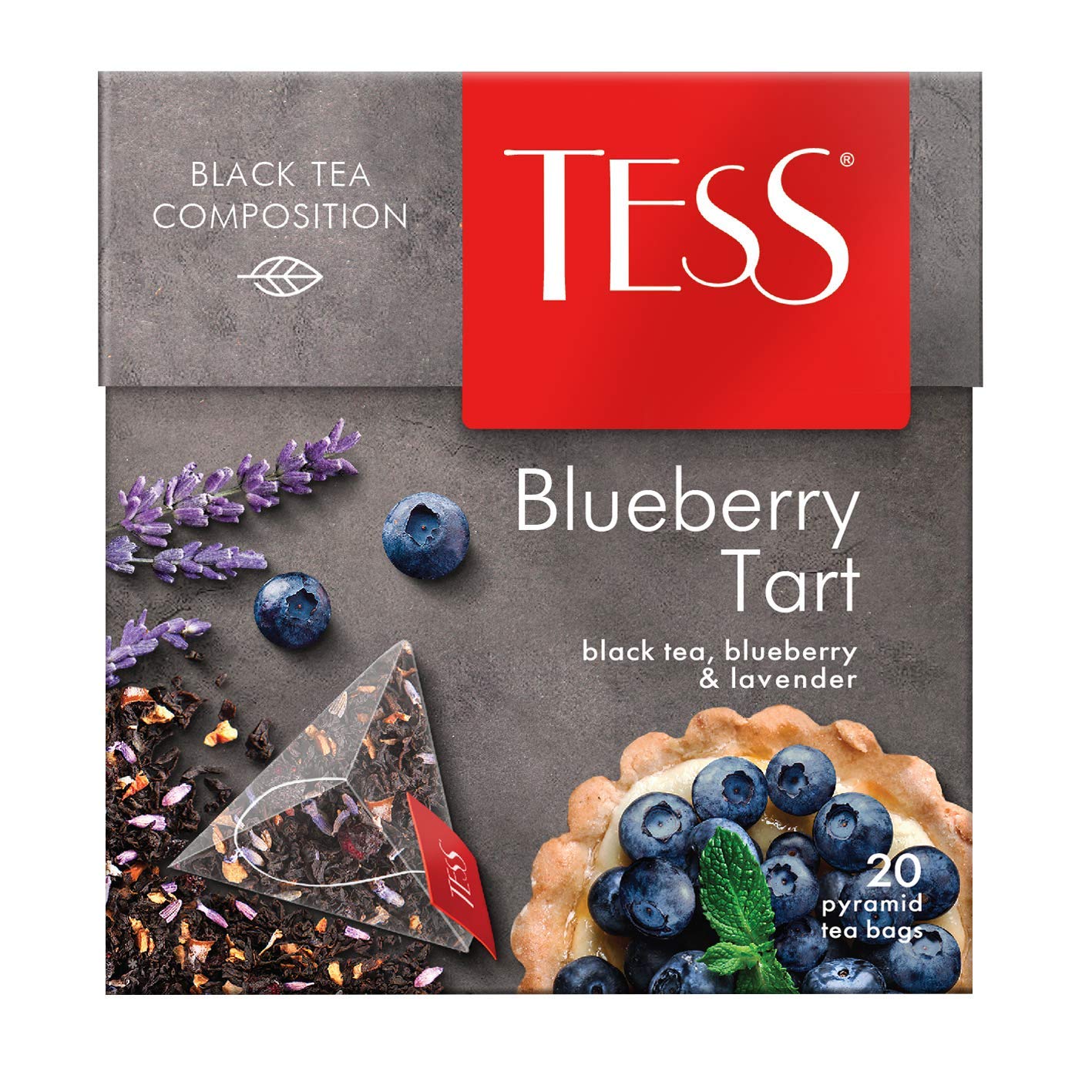 Tess Blueberry Tart Black Tea Composition Blueberry and Lavander Leaf Tea in 20 Pyramid Sachets