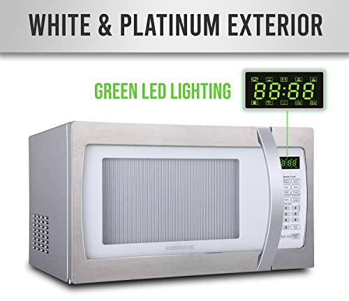 Farberware Countertop Microwave Oven 1.3 Cu. Ft. 1100-Watt with Smart Sensor Cooking, ECO Mode and Green LED Lighting, Child Lock, Easy Clean Black Interior, Retro White and Platinum