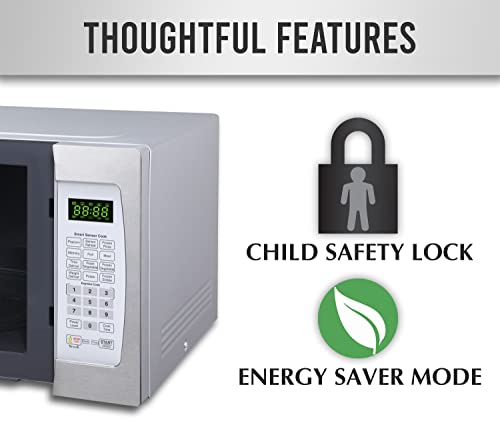 Farberware Countertop Microwave Oven 1.3 Cu. Ft. 1100-Watt with Smart Sensor Cooking, ECO Mode and Green LED Lighting, Child Lock, Easy Clean Black Interior, Retro White and Platinum