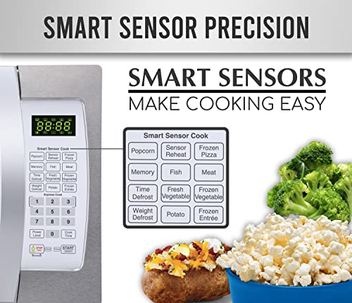 Farberware Countertop Microwave Oven 1.3 Cu. Ft. 1100-Watt with Smart Sensor Cooking, ECO Mode and Green LED Lighting, Child Lock, Easy Clean Black Interior, Retro White and Platinum