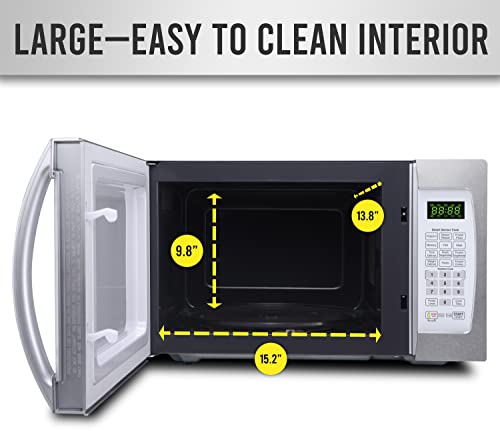 Farberware Countertop Microwave Oven 1.3 Cu. Ft. 1100-Watt with Smart Sensor Cooking, ECO Mode and Green LED Lighting, Child Lock, Easy Clean Black Interior, Retro White and Platinum