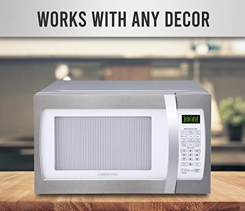 Farberware Countertop Microwave Oven 1.3 Cu. Ft. 1100-Watt with Smart Sensor Cooking, ECO Mode and Green LED Lighting, Child Lock, Easy Clean Black Interior, Retro White and Platinum