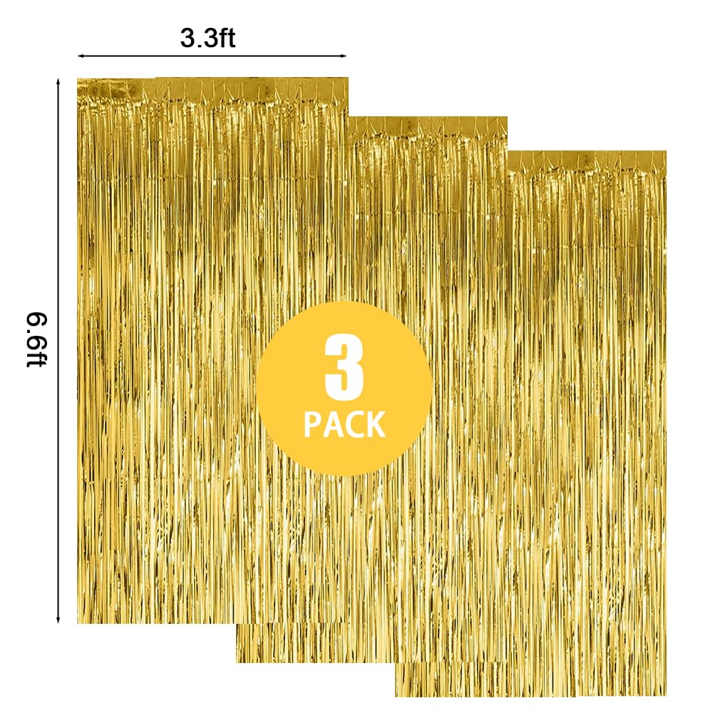 AIBIIN 3 Pack Gold Foil Fringe Curtains - 3.3x6.6ft Gold Streamers Backdrop Curtains for Party Decorations, Graduation, Wedding, Birthday, Bachelorette, New Year, Photo Shoot Props