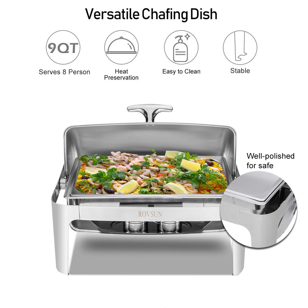 ROVSUN 2-Pack Roll Top Chafing Dish Buffet Set,9 Quart Full Size Pan Chafer, NSF Stainless Steel Rectangular Setfor Wedding,Parties,Banquet, Catering Events