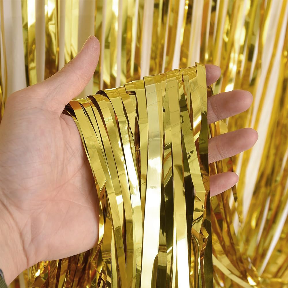 AIBIIN 3 Pack Gold Foil Fringe Curtains - 3.3x6.6ft Gold Streamers Backdrop Curtains for Party Decorations, Graduation, Wedding, Birthday, Bachelorette, New Year, Photo Shoot Props