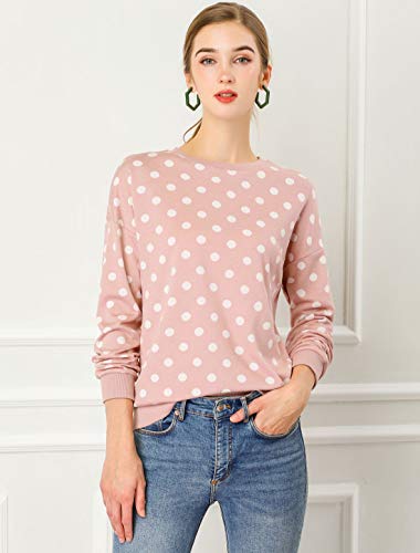 Allegra K Women's Winter Fall Casual Pullover Crewneck Long Sleeve Polka Dots Sweatshirt Sweater Small Pink