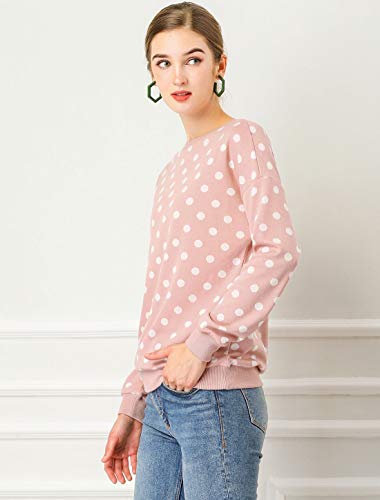 Allegra K Women's Winter Fall Casual Pullover Crewneck Long Sleeve Polka Dots Sweatshirt Sweater Small Pink