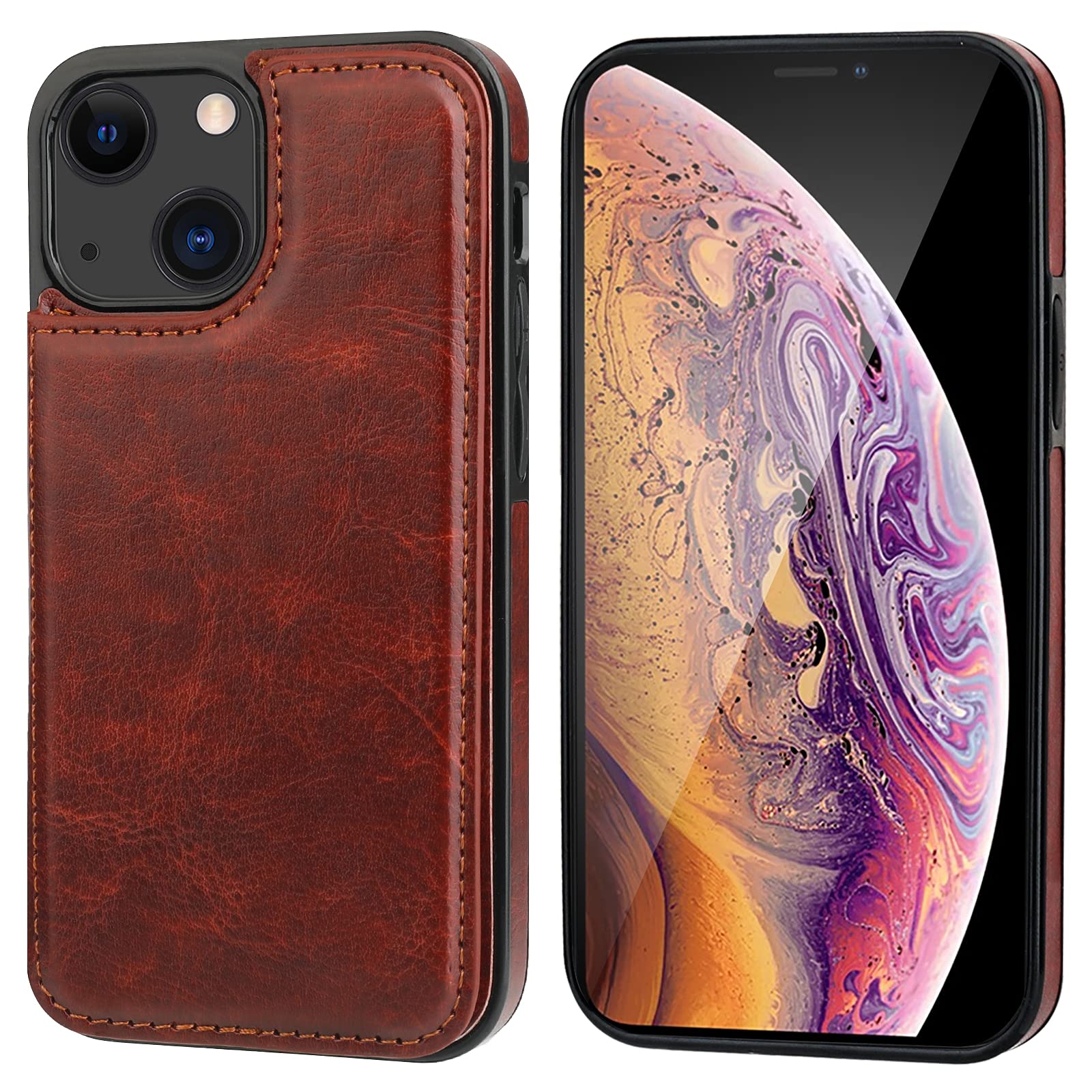 ONETOP Compatible with iPhone 13 Mini Wallet Case with Card Holder, PU Leather Kickstand Card Slots Case, Double Magnetic Clasp and Durable Shockproof Cover 5.4 Inch(Brown)