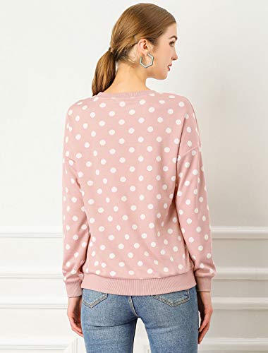 Allegra K Women's Winter Fall Casual Pullover Crewneck Long Sleeve Polka Dots Sweatshirt Sweater Small Pink
