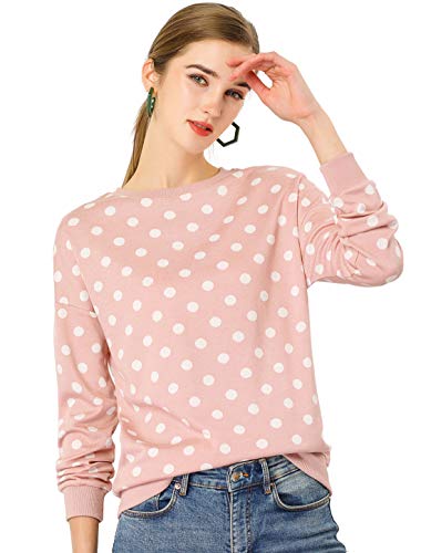Allegra K Women's Winter Fall Casual Pullover Crewneck Long Sleeve Polka Dots Sweatshirt Sweater Small Pink