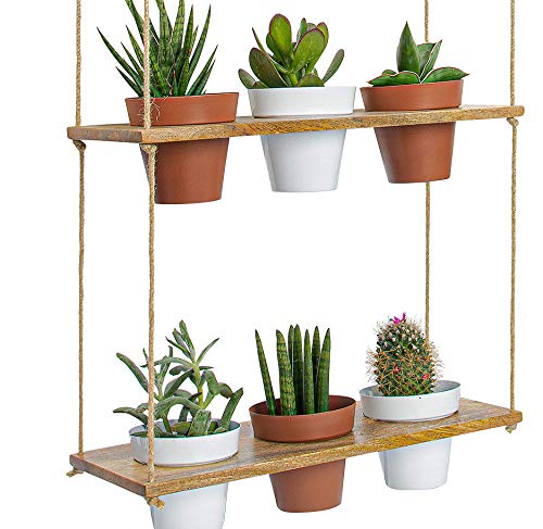 kimisty Wall Hanging Herb Planters, 3 Tiered Vertical Planter Shelf with Metal Pot Set, Indoor Garden, Wood Herb Garden for Kitchen, Vertical Hanging Planters Wall Hanging - Terracotta & White Pots