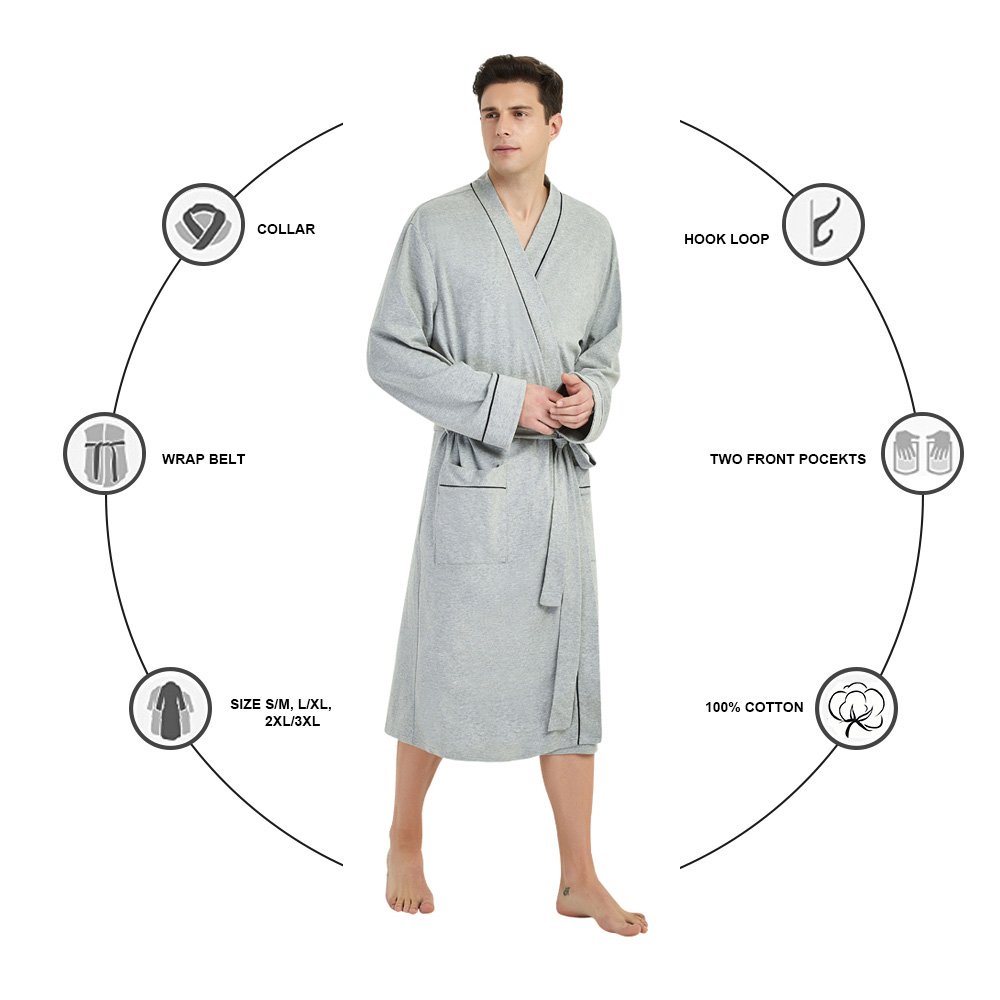 U2SKIIN Mens Cotton Robe Lightweight Knit Bathrobe(Grey, 2XP/3XP)