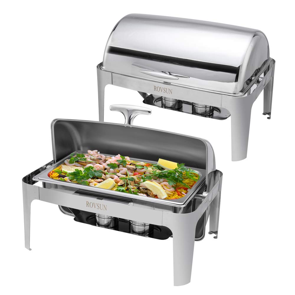 ROVSUN 2-Pack Roll Top Chafing Dish Buffet Set,9 Quart Full Size Pan Chafer, NSF Stainless Steel Rectangular Setfor Wedding,Parties,Banquet, Catering Events