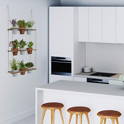 kimisty Wall Hanging Herb Planters, 3 Tiered Vertical Planter Shelf with Metal Pot Set, Indoor Garden, Wood Herb Garden for Kitchen, Vertical Hanging Planters Wall Hanging - Terracotta & White Pots