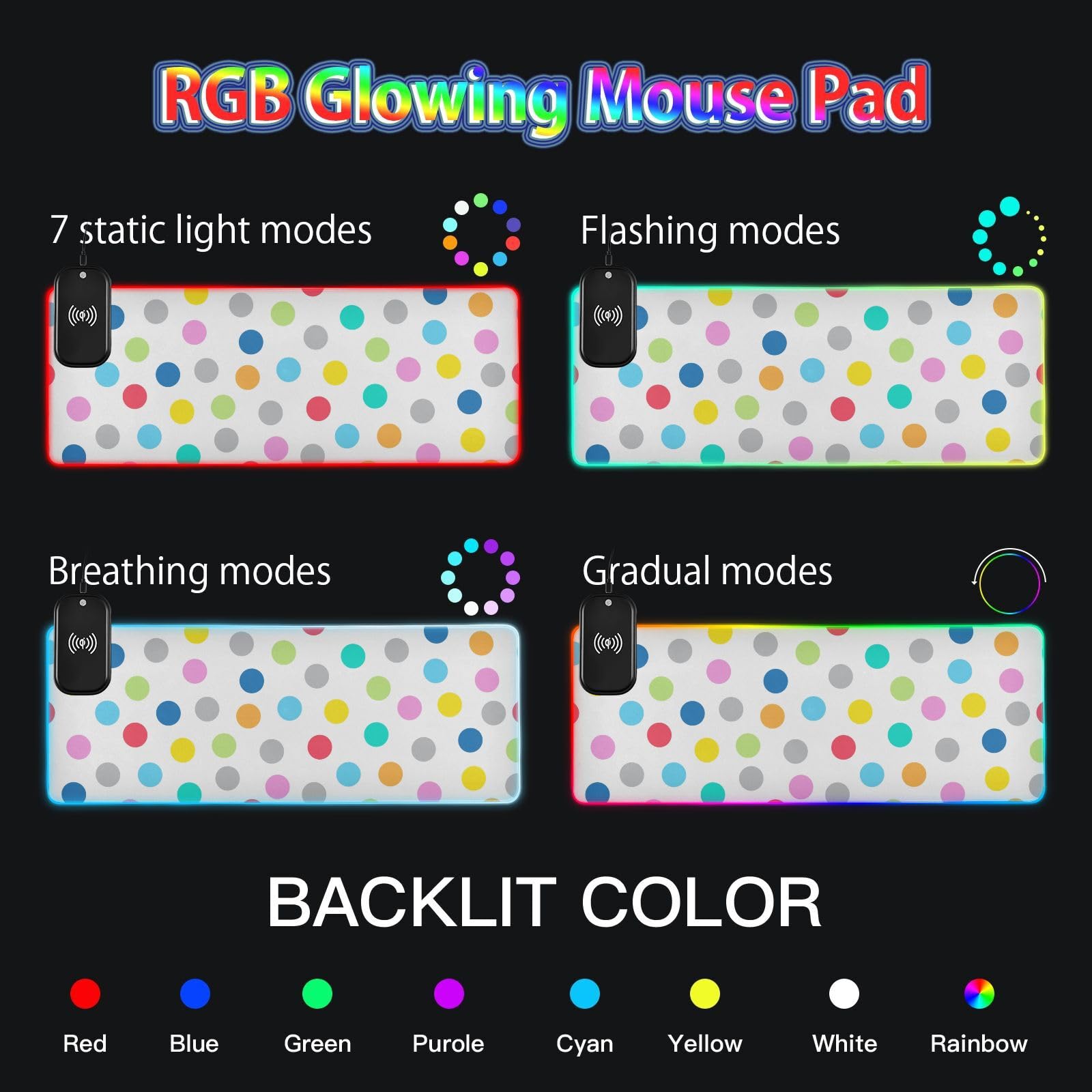 Polka Dot Wireless Charging Mouse Pad for Mobile Phone Extra Large Gaming Mousepad with 13 Lighting Modes Mouse Mat for Gaming MacBook PC Laptop Desk Office Home
