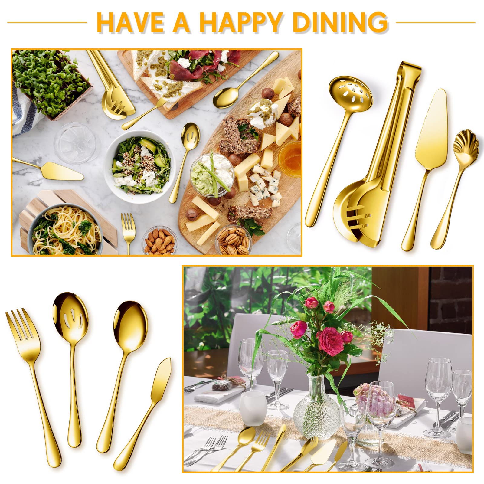 21 Pcs Christmas Gold Stainless Steel Serving Utensils Flatware Set, Serving Spoons Slotted Serving Spoons Gold Tongs Serving Forks for Kitchen Buffet Catering Banquet Party Supply, Dishwasher Safe