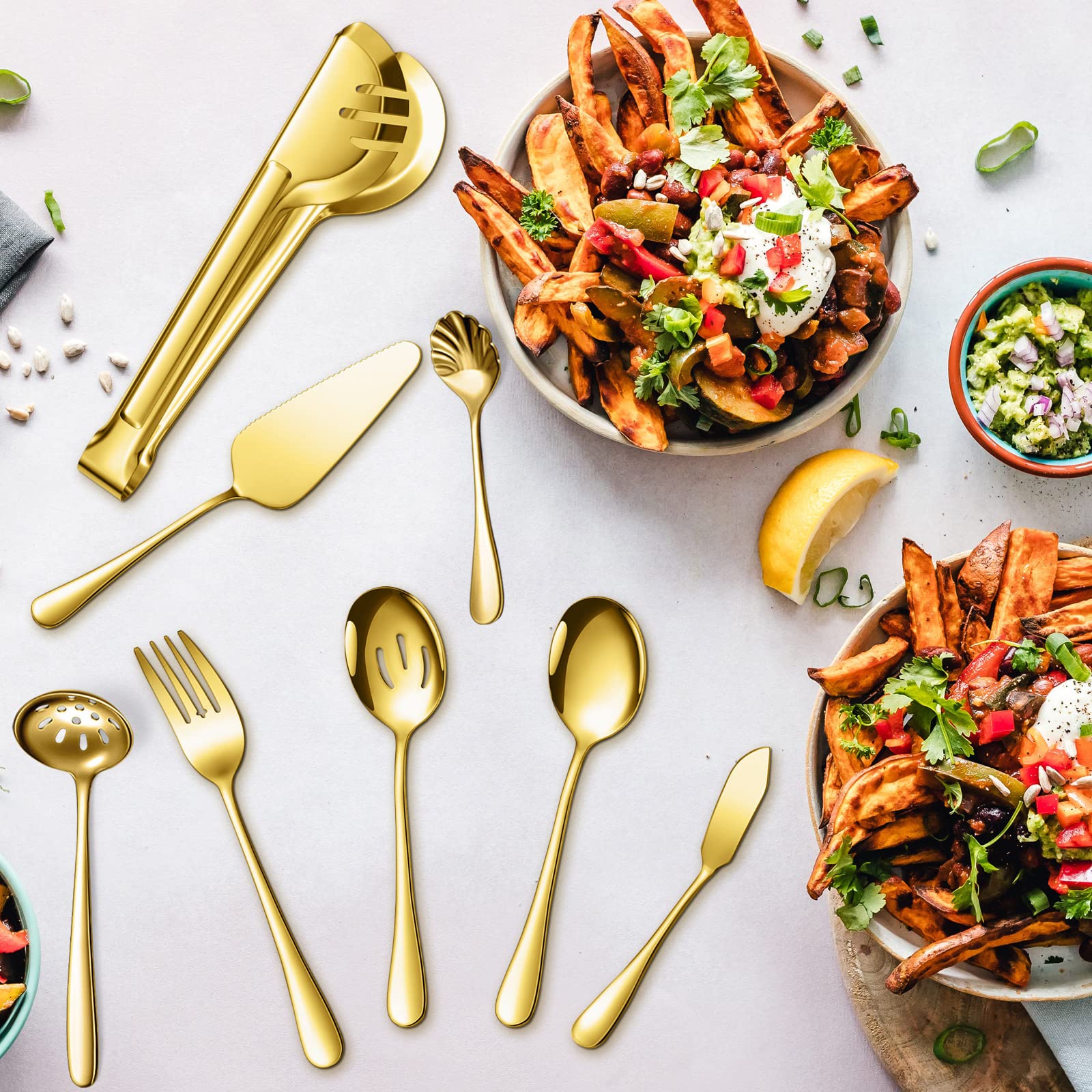 21 Pcs Christmas Gold Stainless Steel Serving Utensils Flatware Set, Serving Spoons Slotted Serving Spoons Gold Tongs Serving Forks for Kitchen Buffet Catering Banquet Party Supply, Dishwasher Safe