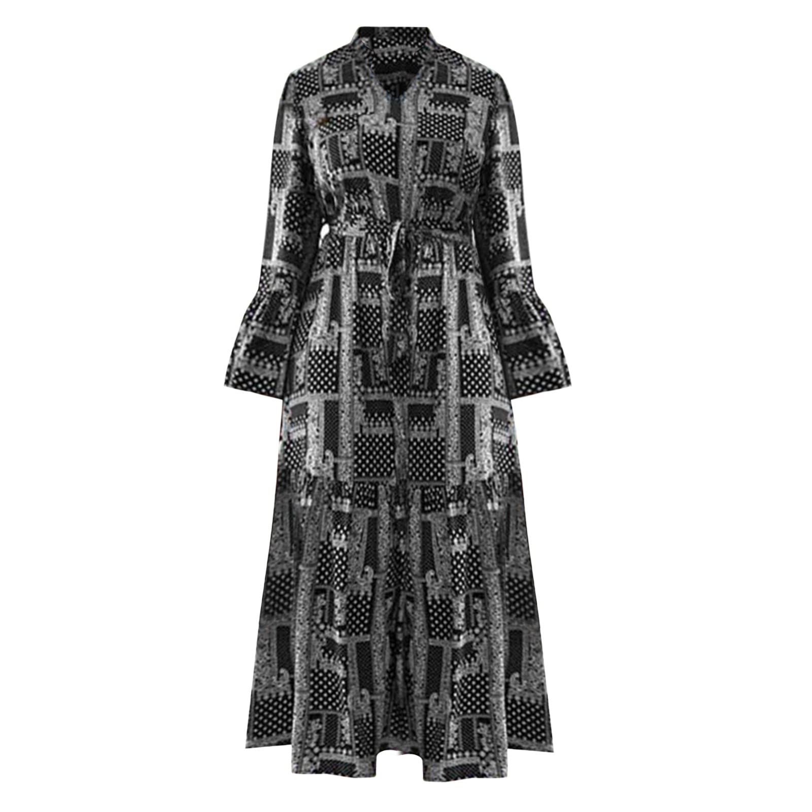 Dresses for Women 2023 Long Sleeve Women's 2023 Square Polka Dot Print Summer Dress V Neck Long Sleeves Flare Cuff A