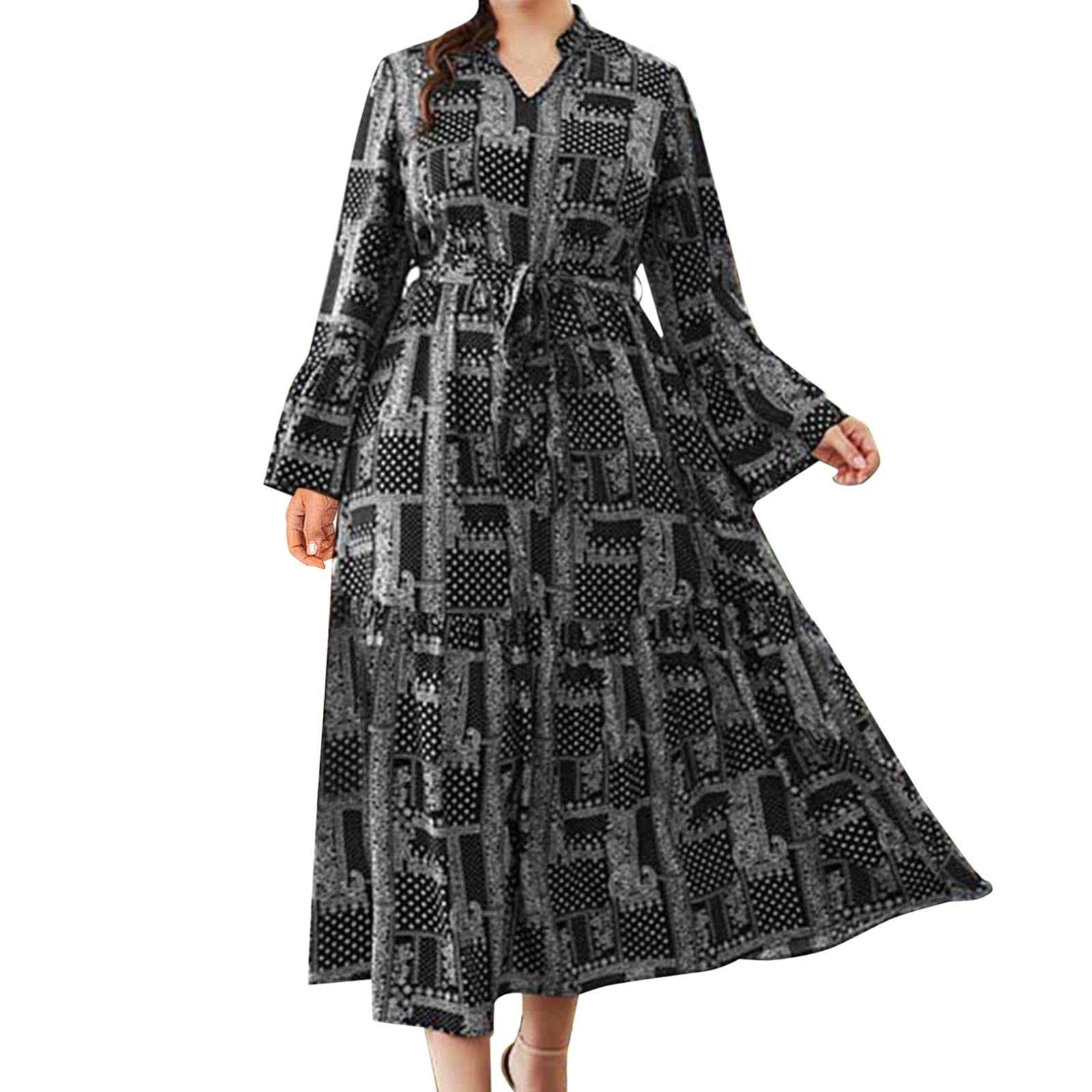 Dresses for Women 2023 Long Sleeve Women's 2023 Square Polka Dot Print Summer Dress V Neck Long Sleeves Flare Cuff A