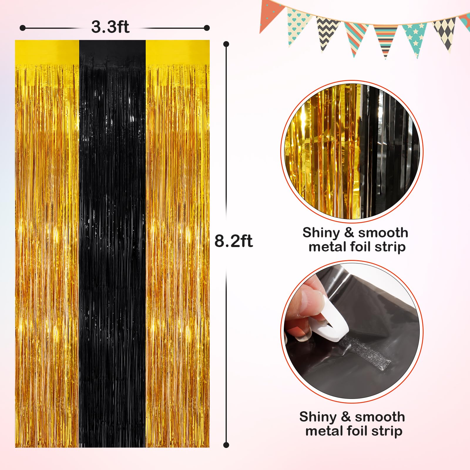 Black Gold Metallic Tinsel Foil Fringe Curtains, 2 Pack 3.3x8.3 Feet Party Streamer for Birthday Party Decorations, Halloween Decor, Foil Curtain Backdrop for Bachelorette Party