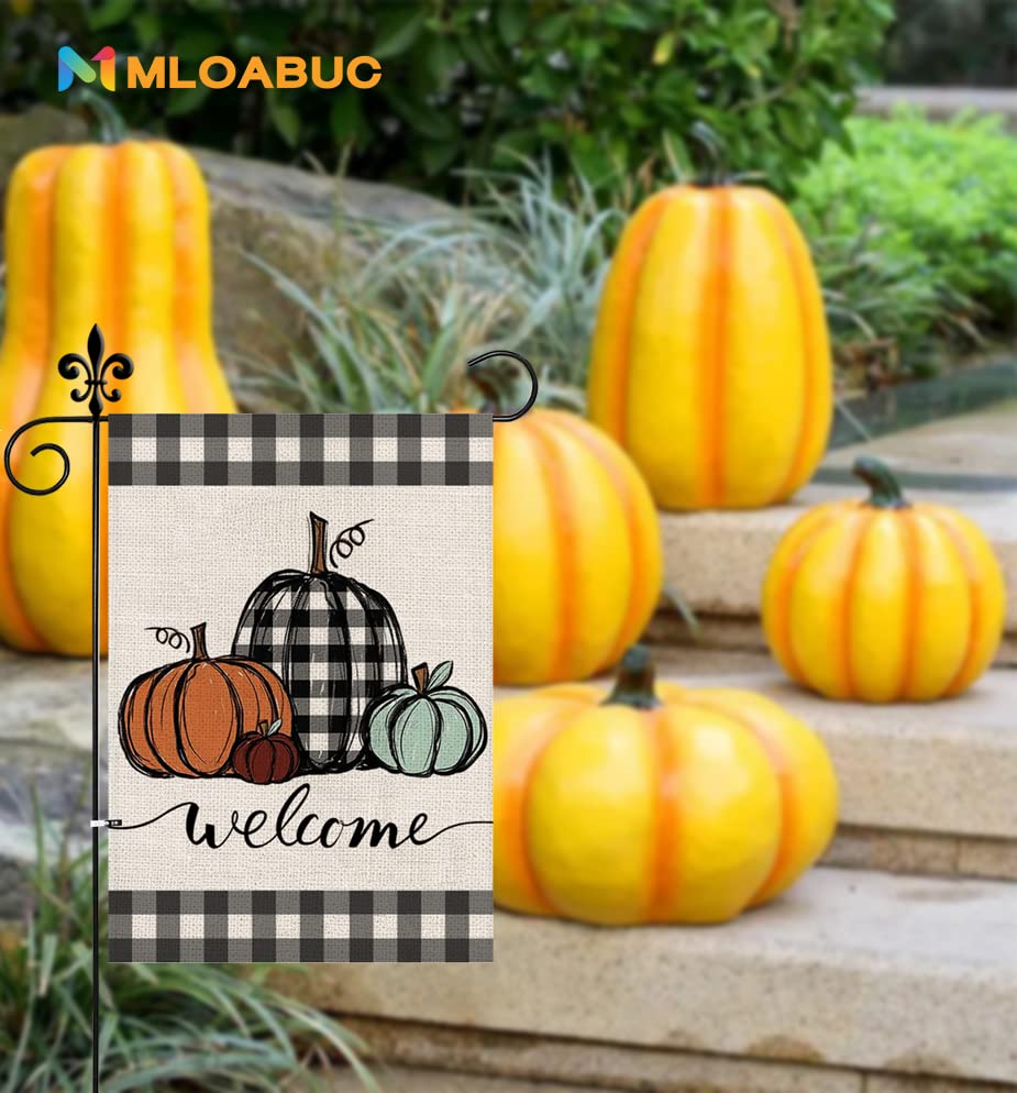 Mloabuc Fall Pumpkins Garden Flag Autumn Welcome Thanksgiving Buffalo Check Fall Yard Flag Farmhouse Double Sided Lattice Vertical Outdoor Decor 12 x 18 In