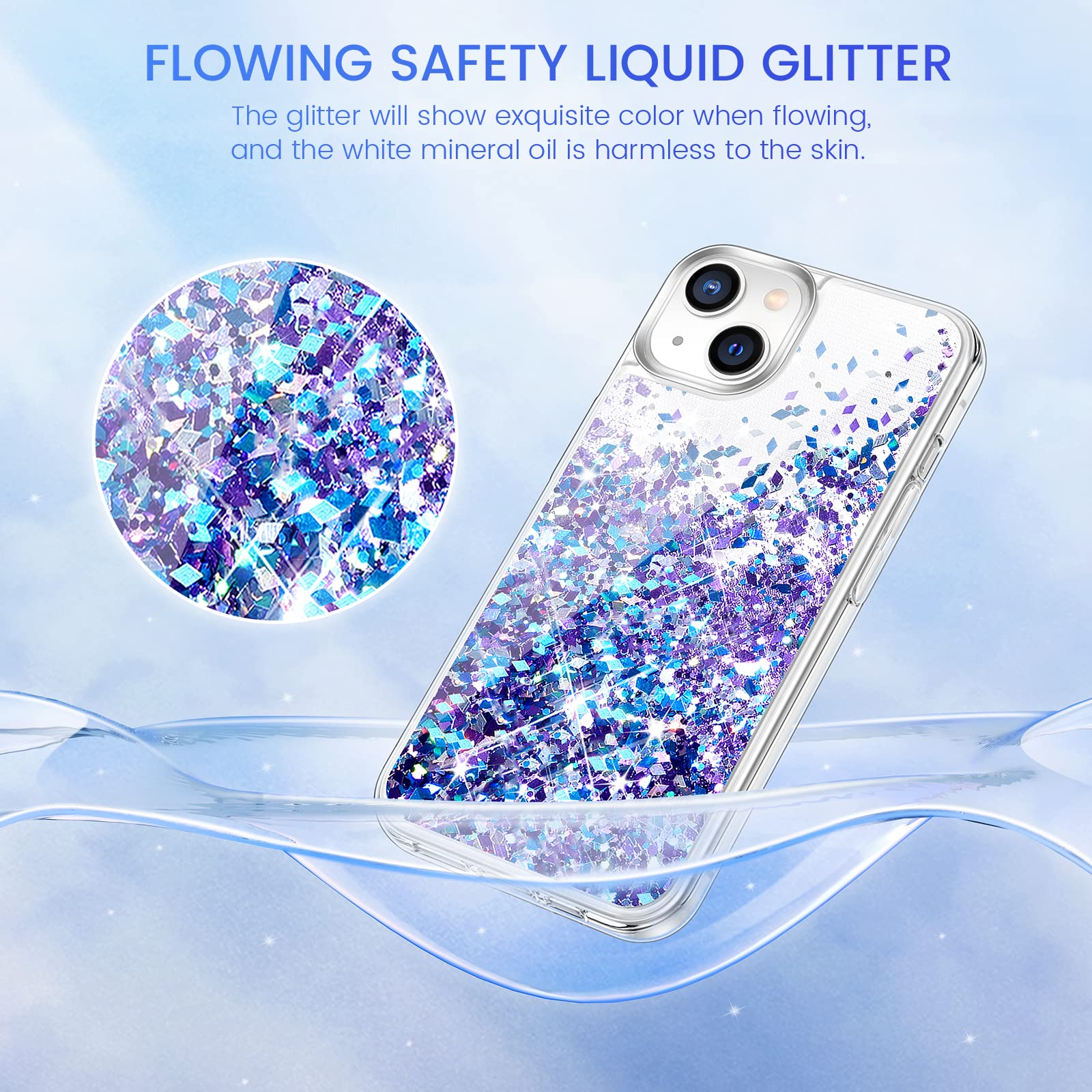 Caka Case Compatible for iPhone 13 Mini Glitter Phone Case Girly Women Bling Sparkle Flowing Floating Quicksand Waterfall Clear Soft TPU Case Cover for iPhone 13 Mini (5.4 inches) (Blue Purple)