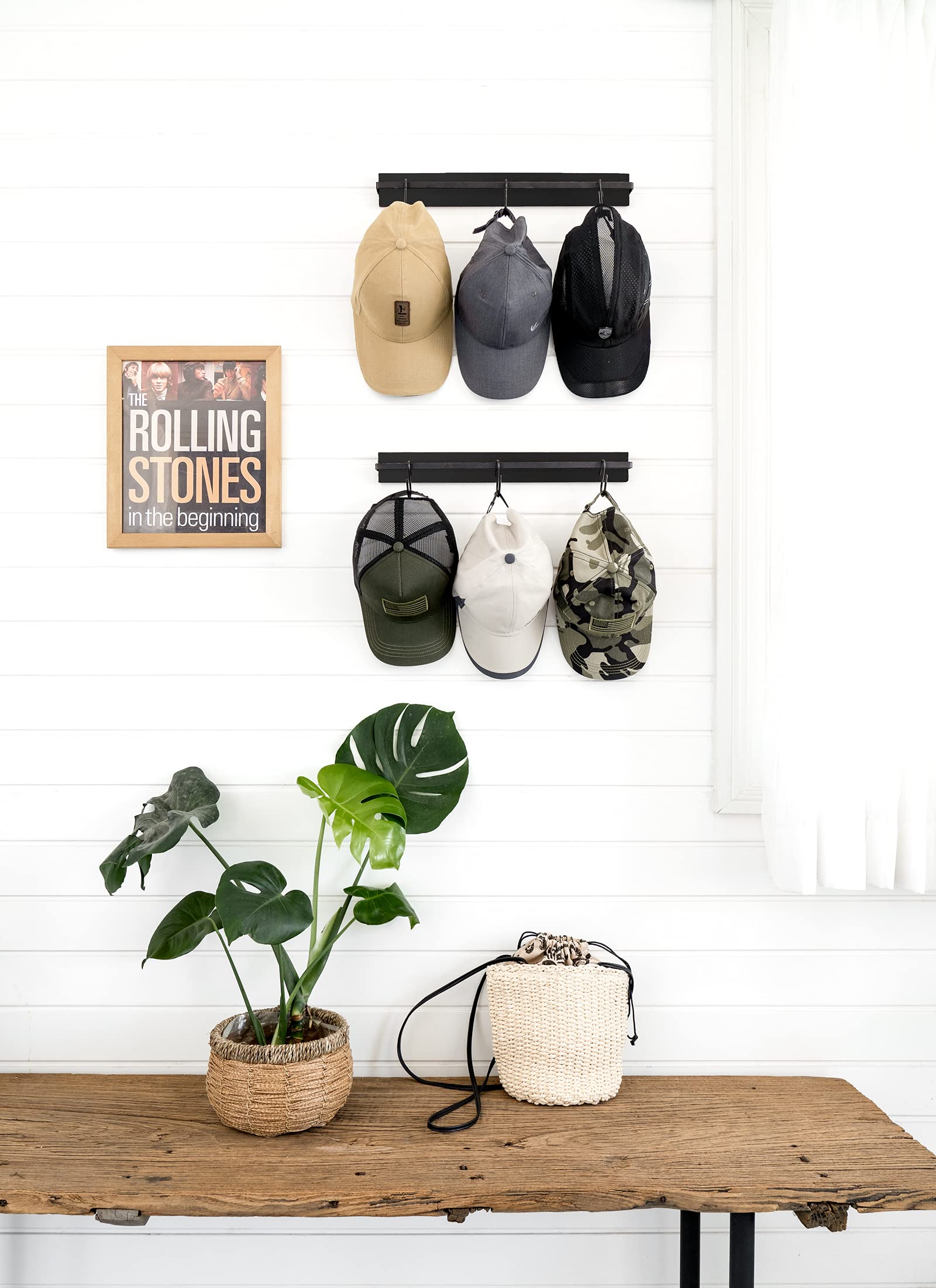 Mkono Hat Rack for Wall Wooden Baseball Caps Organizer with 20 Hooks Rustic Cowboy Hat Hanger Wall Mounted Caps Display Rack for Closet Bedroom Entryway, Set of 2, Black