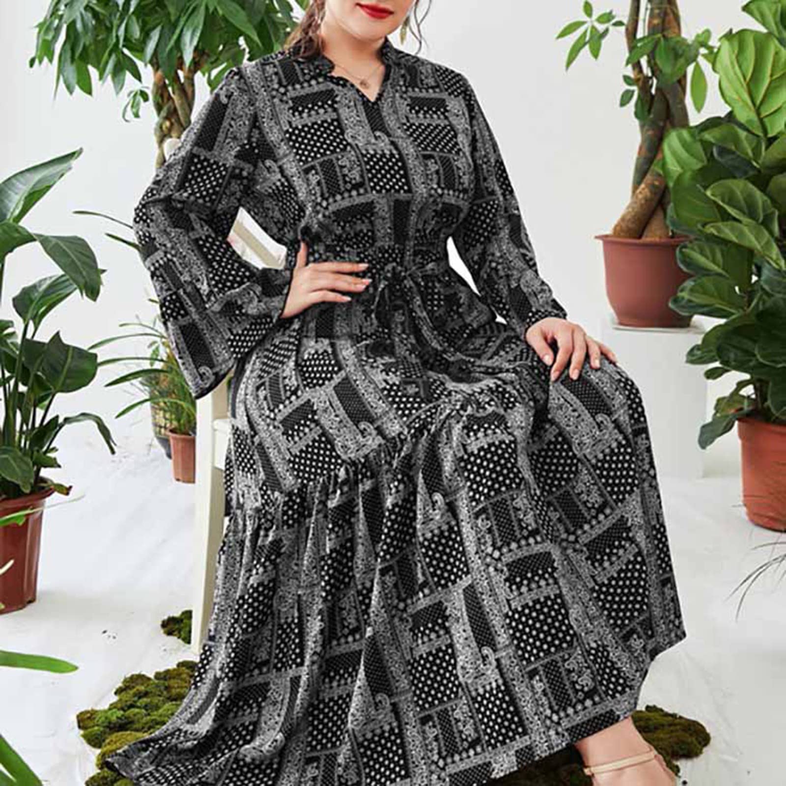 Dresses for Women 2023 Long Sleeve Women's 2023 Square Polka Dot Print Summer Dress V Neck Long Sleeves Flare Cuff A