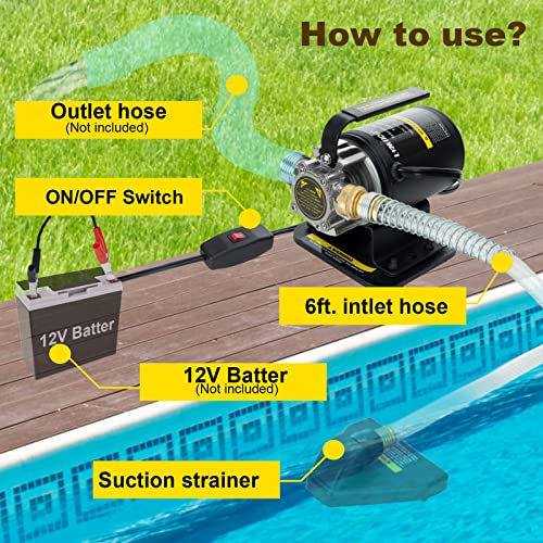 Limodot Water Transfer Pump, 12V Self-Priming Utility Pump, With Suction Strainer Attachment, 10 ft. Power Cord ON/OFF Switch And Alligator Clips, Ideal for boat, RV, cabin, camping, solar system
