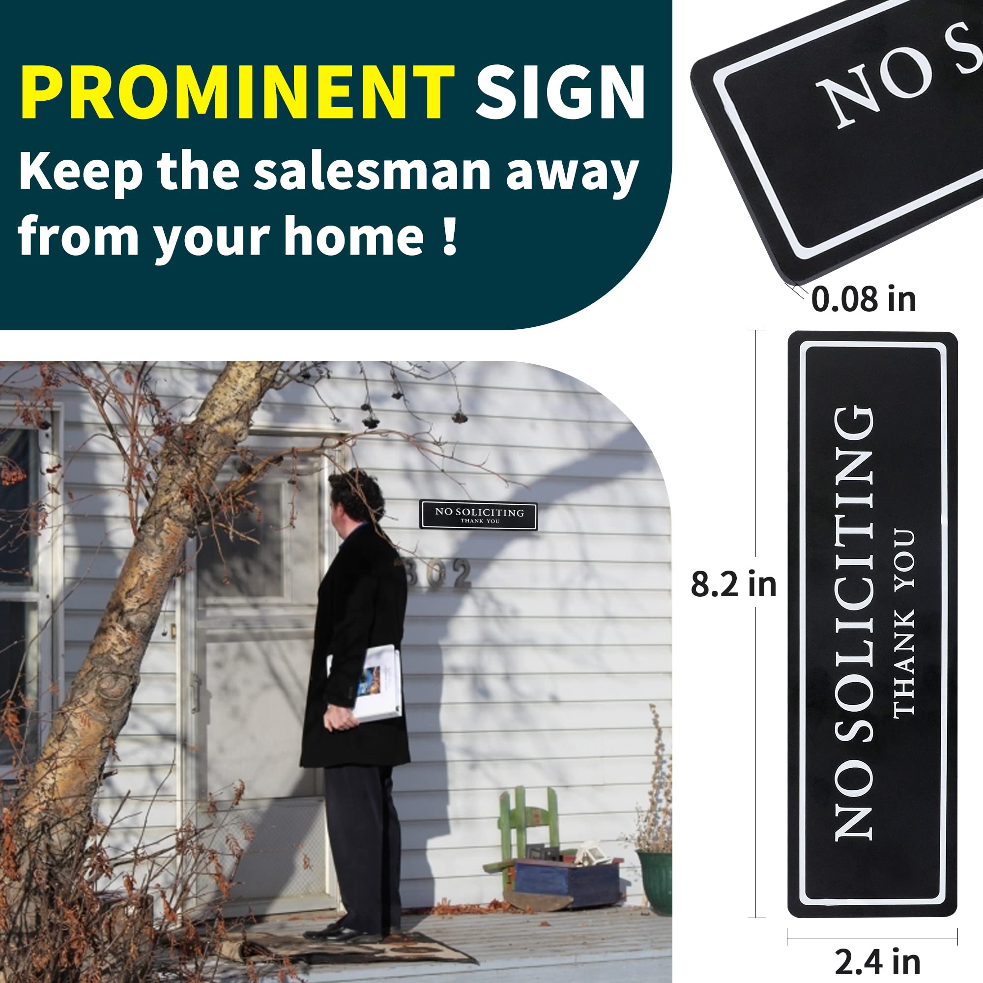 2 Pack No Soliciting Sign for House — Keep Solicitors Away, with Strong Adhesive Tape for Any Surface, 8.2 × 2.4 Inch, Stylish & Prominent Design, Perfect for Home Office Front Doors, Walls, Windows