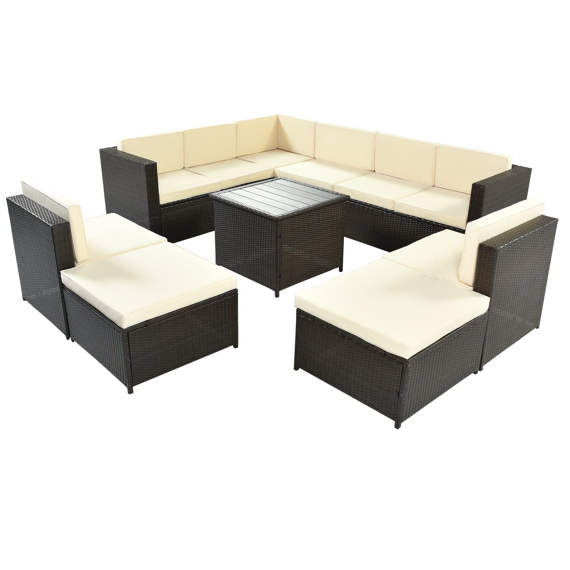 9-Piece Patio Furniture Outdoor Sectional Sofa Set Modern Contemporary Rattan Steel Weathered Coffee Table Cushion Included