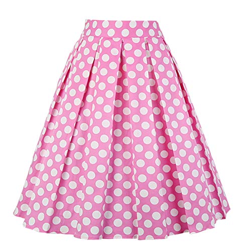 Girstunm Women's Pleated Vintage Skirt Floral Print A-line Midi Skirts with Pockets Fuchsia Polka Dot M