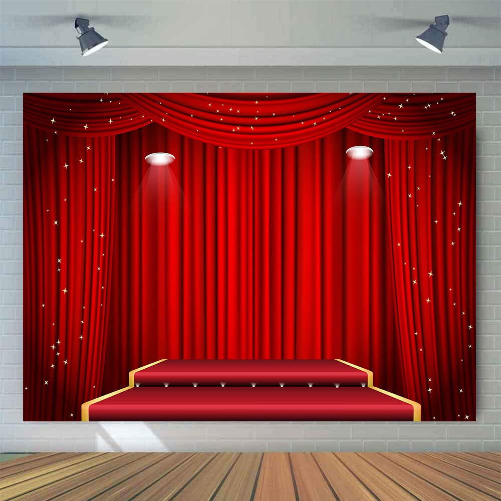 EMTOBT 7x5ft Theater Stage Backdrop Red Velvet Curtain Glittering Gold Star Spot Lights Kids Children Adult Family Birthday Carnival Baby Party Cake Table Vinyl Banner Supplies BJRLEM1560
