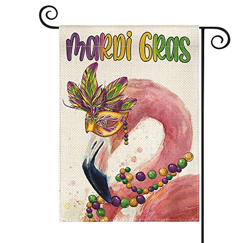 AVOIN colorlife Mardi Gras Flamingo Garden Flag 12x18 Inch Double Sided, Masquerade Beads New Orleans Carnival Yard Outdoor Decoration