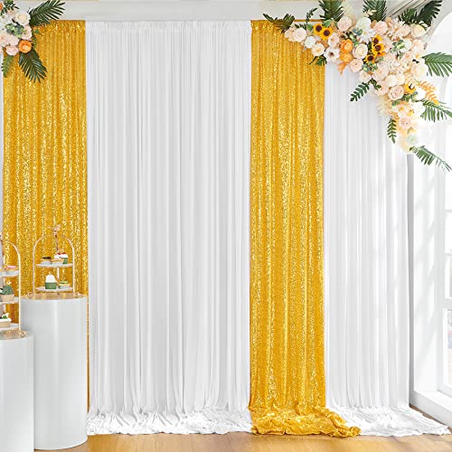 10x10 ft White Backdrop Curtains and 10x4 ft Gold Sequin Backdrop Curtains for Parties, Wrinkle Free Backdrop Drapes for Wedding Birthday Party Photography Background, 4 Panels