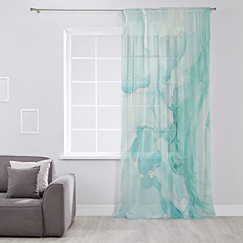 Chiffon Sheer Curtains & Drapes 63 Inch Long, Lightweight Breathable Voile Window Curtain Panels Turquoise Green Marble with Gold Glitter Splatter Curtains Backdrop Drapes for Livingroom Wedding