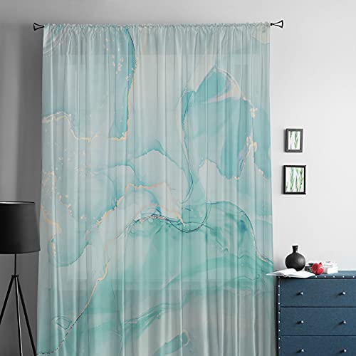 Chiffon Sheer Curtains & Drapes 63 Inch Long, Lightweight Breathable Voile Window Curtain Panels Turquoise Green Marble with Gold Glitter Splatter Curtains Backdrop Drapes for Livingroom Wedding