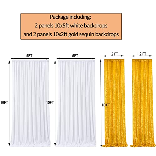 10x10 ft White Backdrop Curtains and 10x4 ft Gold Sequin Backdrop Curtains for Parties, Wrinkle Free Backdrop Drapes for Wedding Birthday Party Photography Background, 4 Panels