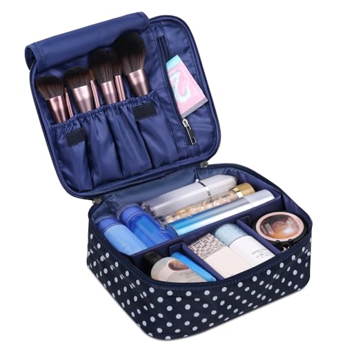 Narwey Travel Makeup Bag with Brush Compartments,Portable Cosmetic Bag,Make up Bag Makeup Organizer Case with Brush Storage for Women(Blue Polka Dot)