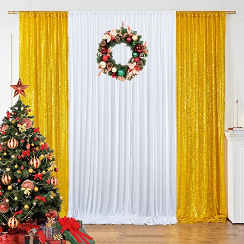 10x10 ft White Backdrop Curtains and 10x4 ft Gold Sequin Backdrop Curtains for Parties, Wrinkle Free Backdrop Drapes for Wedding Birthday Party Photography Background, 4 Panels