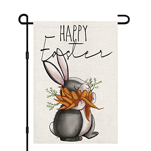 Happy Easter Bunny Garden Flag 12x18 Inch Burlap Double Sided Outside, Easter Carrot Sign Yard Outdoor Decoration DF216