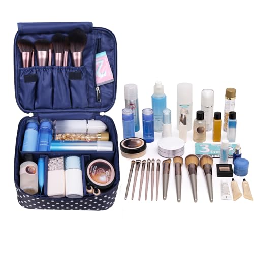 Narwey Travel Makeup Bag with Brush Compartments,Portable Cosmetic Bag,Make up Bag Makeup Organizer Case with Brush Storage for Women(Blue Polka Dot)