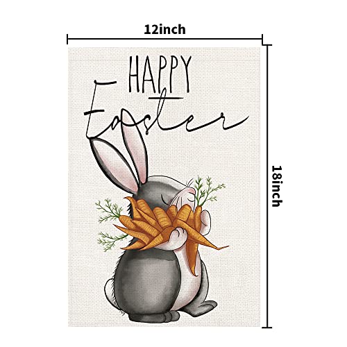 Happy Easter Bunny Garden Flag 12x18 Inch Burlap Double Sided Outside, Easter Carrot Sign Yard Outdoor Decoration DF216
